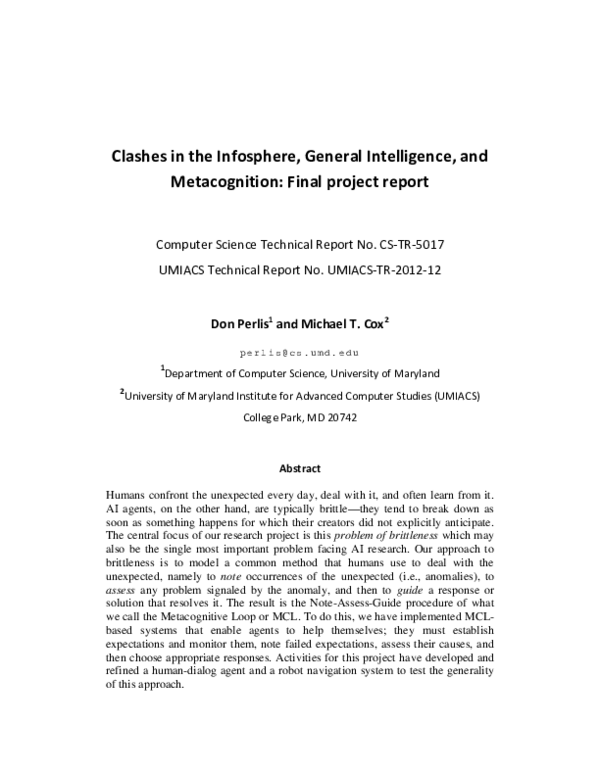(PDF) Clashes in the Infosphere, General Intelligence, and Metacognition: Final project report