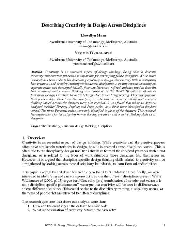 (PDF) Describing Creativity in Design Across Disciplines