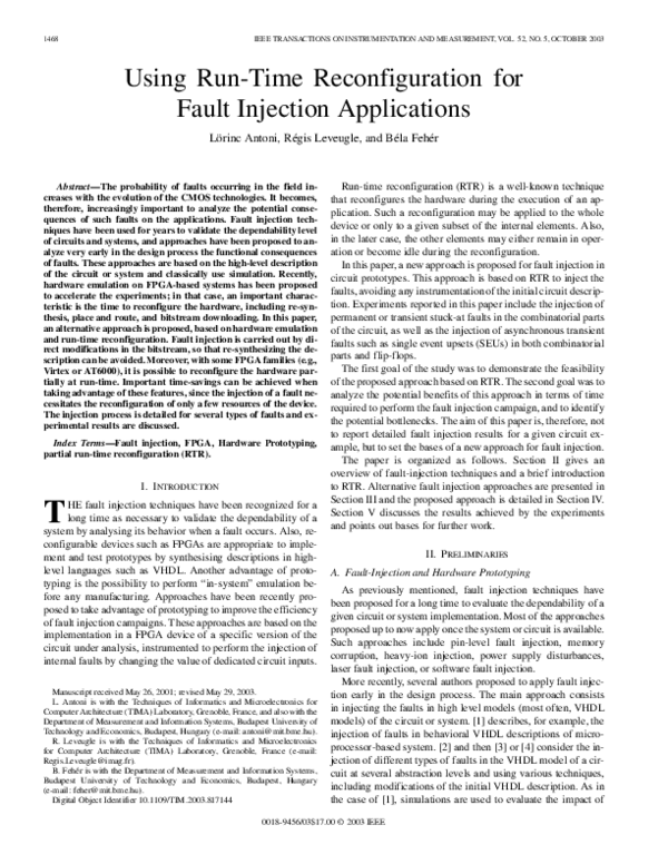 Pdf Using Run Time Reconfiguration For Fault Injection Applications
