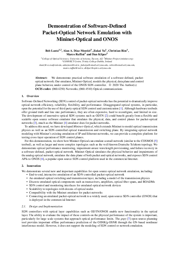 (PDF) Demonstration of Software-Defined Packet-Optical Network Emulation with Mininet-Optical ...