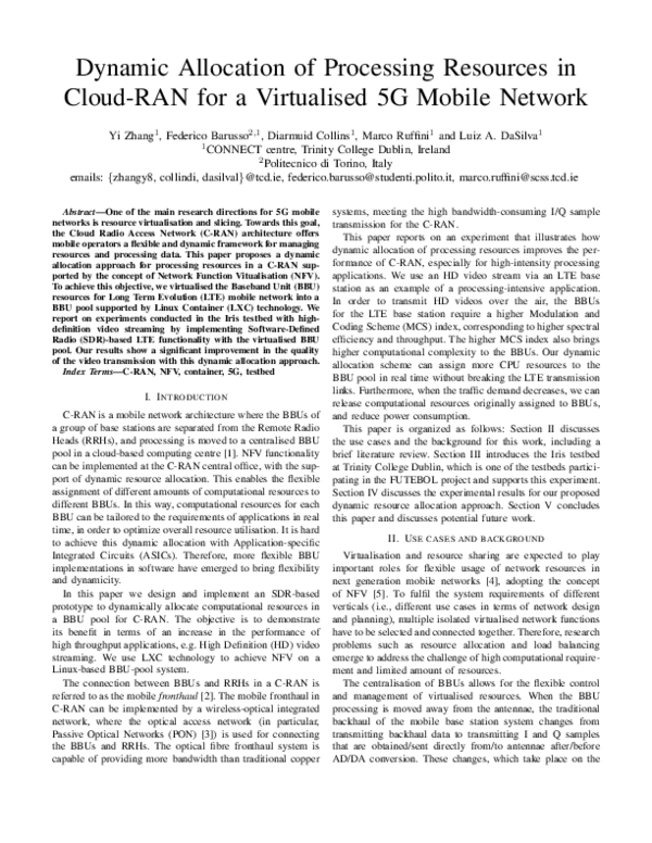 (PDF) Dynamic Allocation of Processing Resources in Cloud-RAN for a Virtualised 5G Mobile Network