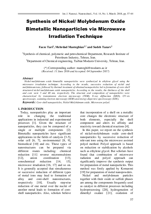 (PDF) Synthesis of Nickel/ Molybdenum Oxide Bimetallic Nanoparticles via Microwave Irradiation ...