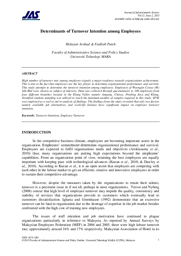 (PDF) Determinants of Turnover Intention among Employees