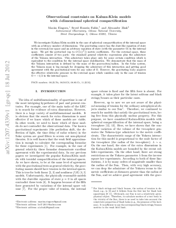 (PDF) Observational constraints on Kaluza-Klein models with d ...