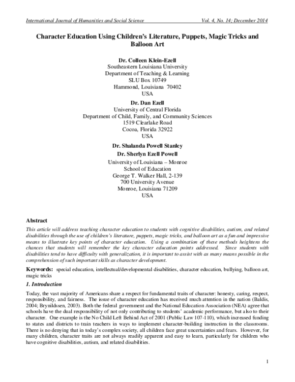 (PDF) Character Education Using Children's Literature, Puppets, Magic ...