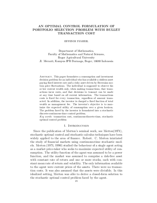 (PDF) An Optimal Control Formulation of Portfolio Selection Problem with Bullet Transaction Cost