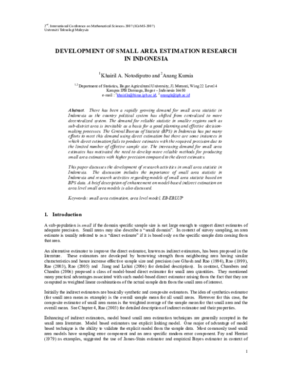 Pdf Development Of Small Area Estimation Research In Indonesia