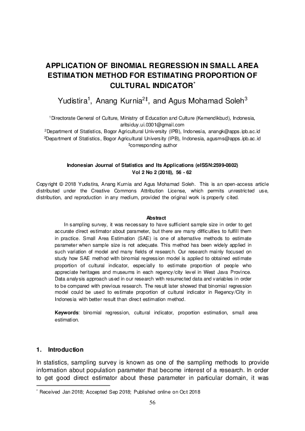 Pdf Application Of Binomial Regression In Small Area Estimation Method For Estimating