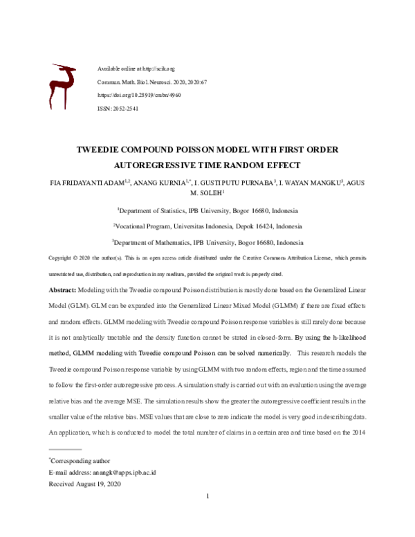 (PDF) Tweedie compound Poisson model with first order autoregressive time random effect