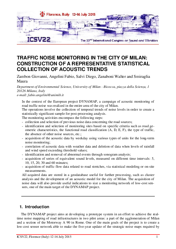 (PDF) Traffic Noise Monitoring in the City of Milan: Construction of a ...