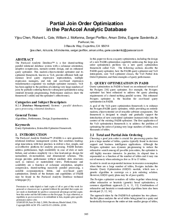 (PDF) Partial join order optimization in the paraccel analytic database
