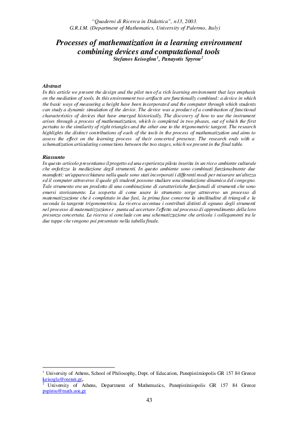 (PDF) Processes of mathematization in a learning environment combining ...