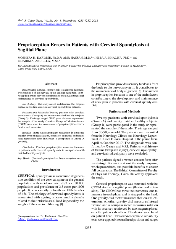 (PDF) Proprioception Errors in Patients with Cervical Spondylosis at ...