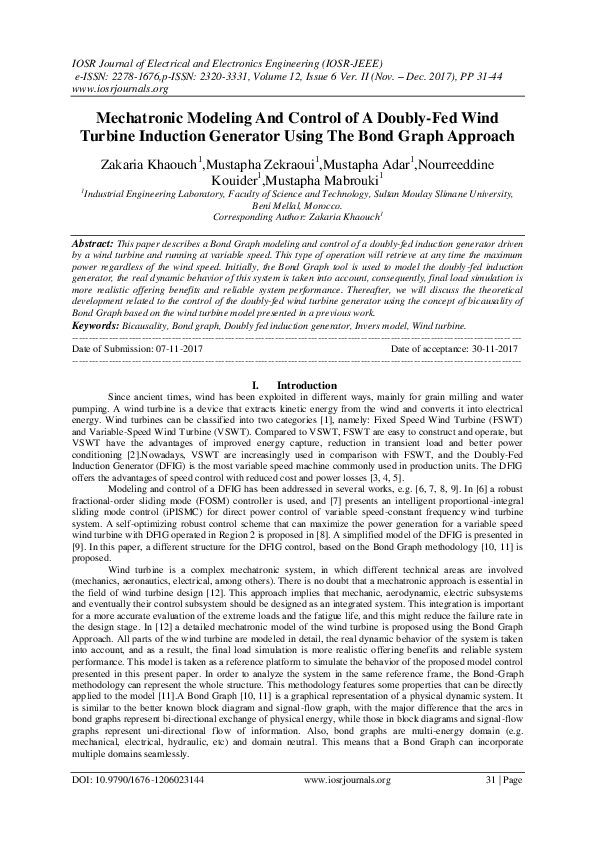 (PDF) Mechatronic Modeling And Control of A Doubly-Fed Wind Turbine Induction Generator Using ...