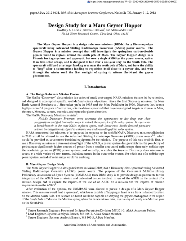 (PDF) Design Study for a Mars Geyser Hopper | Steven Oleson - Academia.edu