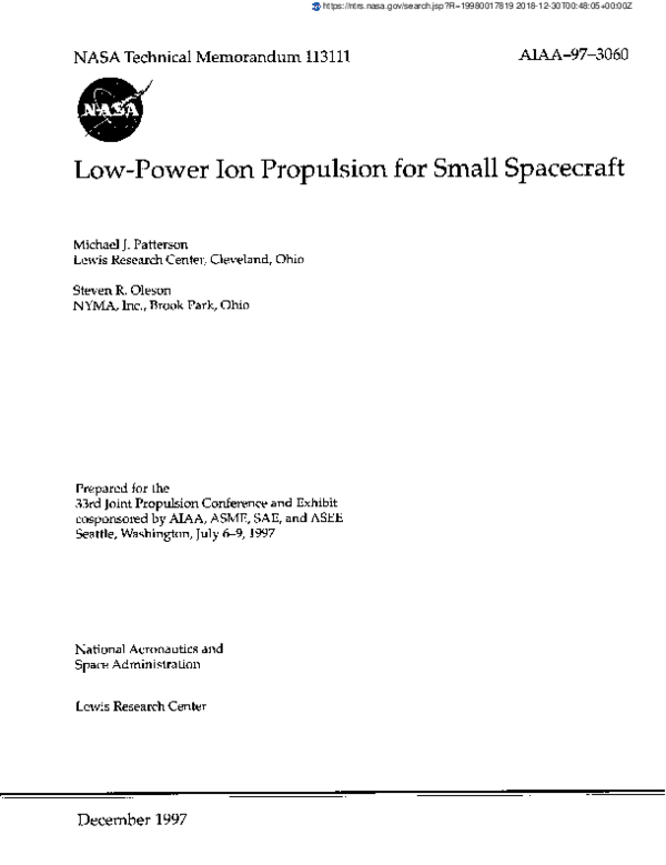 (PDF) Low-power ion propulsion for small spacecraft | Steven Oleson ...