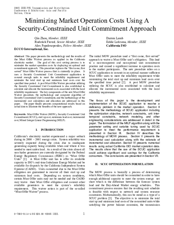 Pdf Minimizing Market Operation Costs Using A Security Constrained Unit Commitment Approach