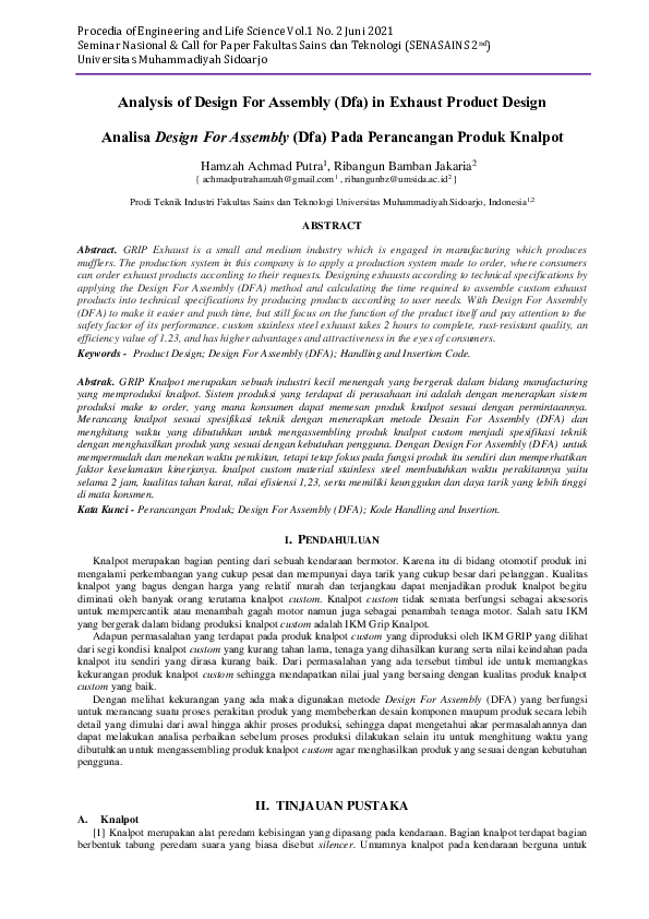(PDF) Analysis of Design For Assembly (Dfa) in Exhaust Product Design