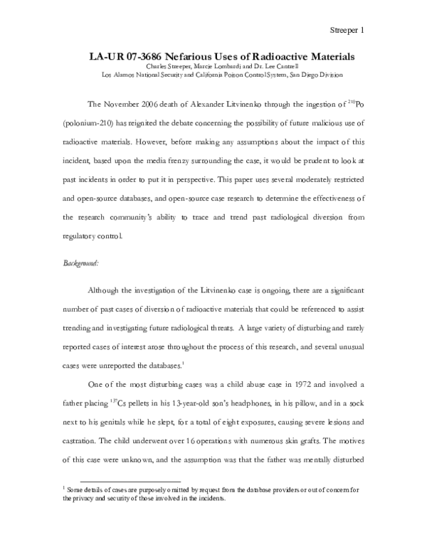 (PDF) Streeper 1 LAUR 07-3686 Nefarious Uses of Radioactive Materials
