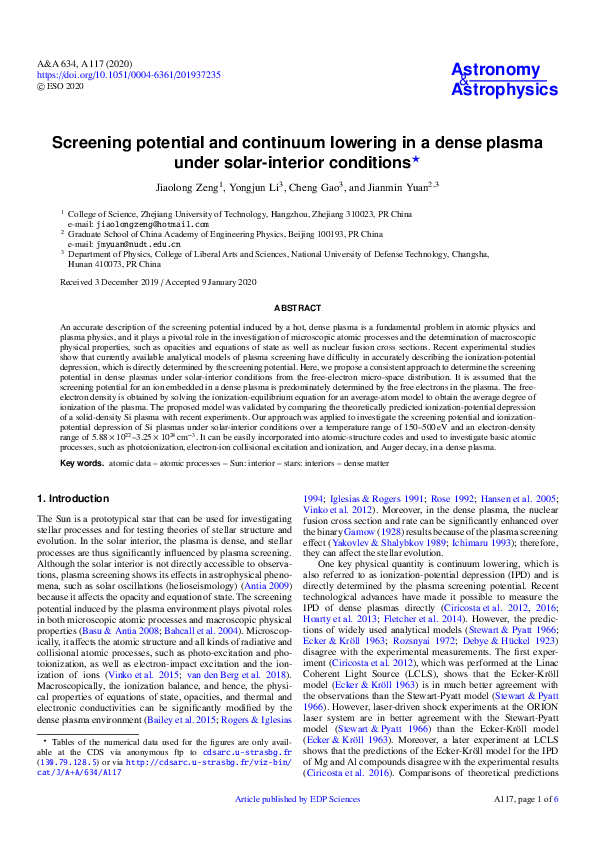 (PDF) Screening potential and continuum lowering in a dense plasma ...