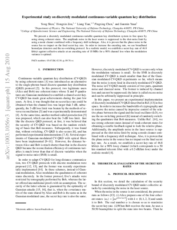 (PDF) Experimental study on discretely modulated continuous-variable quantum key distribution