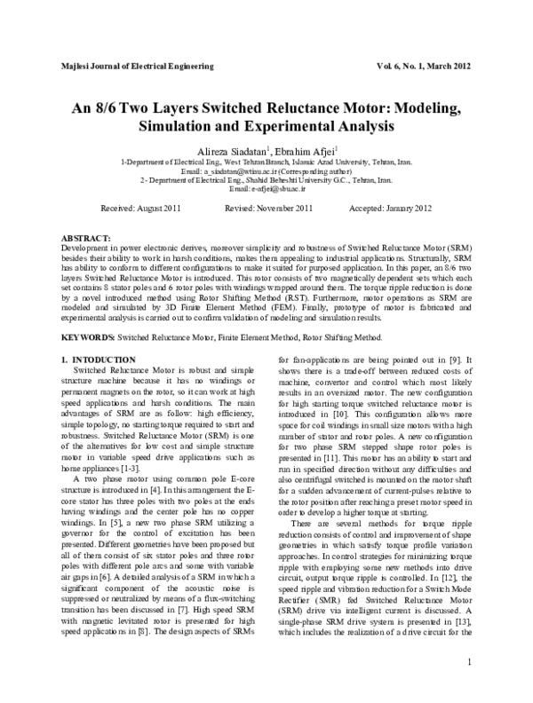 Pdf An 8 6 Two Layers Switched Reluctance Motor Modeling Simulation And Experimental Analysis