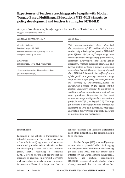 (PDF) Experiences of teachers teaching grade 4 pupils with Mother Tongue-Based Multilingual ...