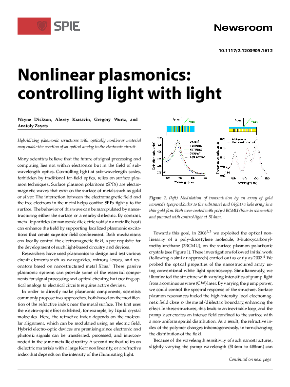(PDF) Nonlinear plasmonics: controlling light with light