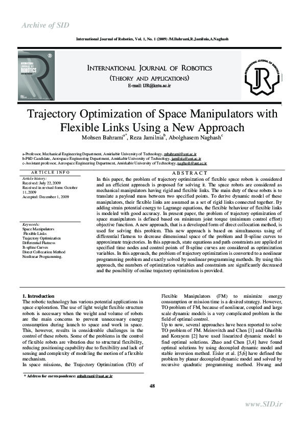 Pdf Trajectory Optimization Of Space Manipulators With Flexible Links Using A New Approach