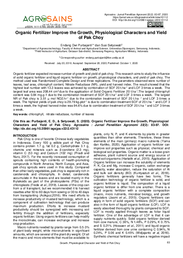 (PDF) Organic Fertilizer Improve the Growth, Physiological Characters and Yield of Pak Choy