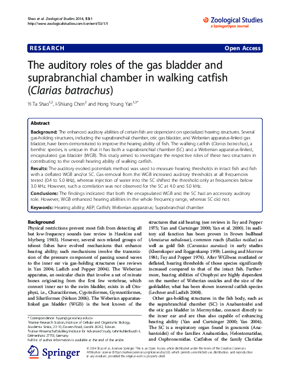 (PDF) The auditory roles of the gas bladder and suprabranchial chamber ...