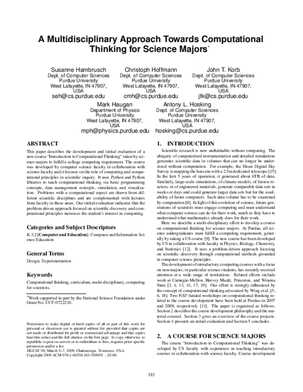 (PDF) A multidisciplinary approach towards computational thinking for science majors