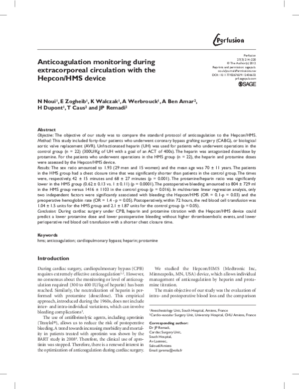 Pdf Anticoagulation Monitoring During Extracorporeal Circulation With