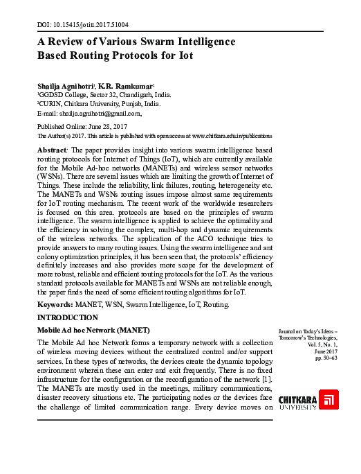 Pdf A Review Of Various Swarm Intelligence Based Routing Protocols For Iot
