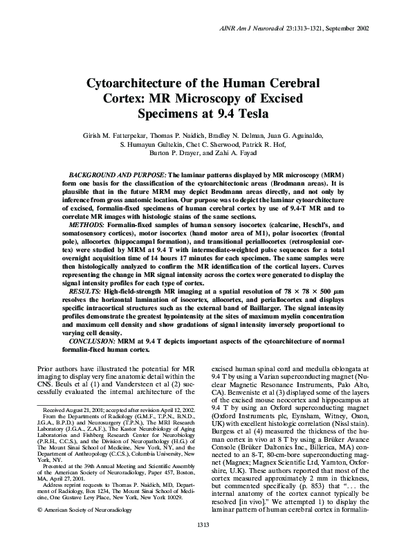 (PDF) Cytoarchitecture of the human cerebral cortex: MR microscopy of excised specimens at 9.4 ...
