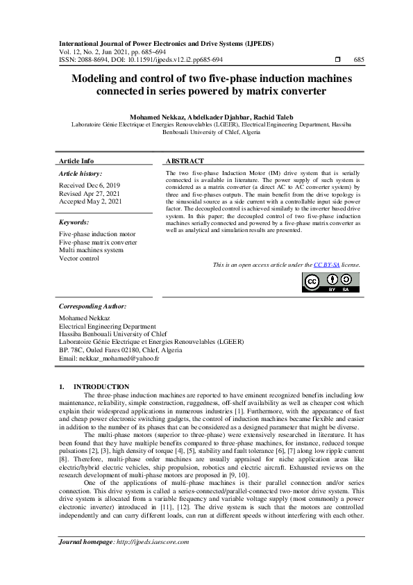 Pdf Modeling And Control Of Two Five Phase Induction Machines Connected In Series Powered By