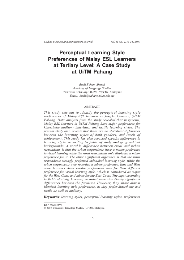 (PDF) Perceptual Learning Style Preferences of Malay ESL Learners at Tertiary Level: A Case ...