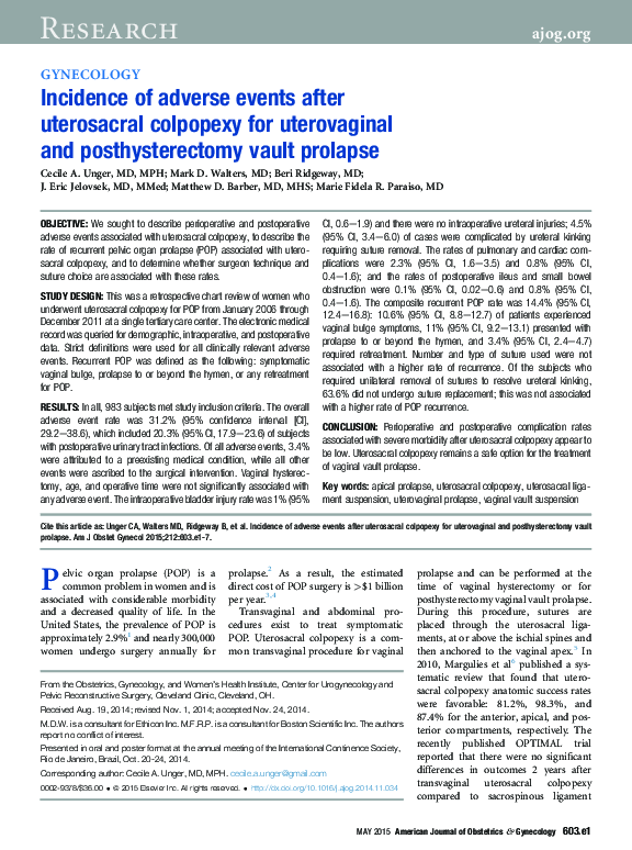 (PDF) Incidence of adverse events after uterosacral colpopexy for ...