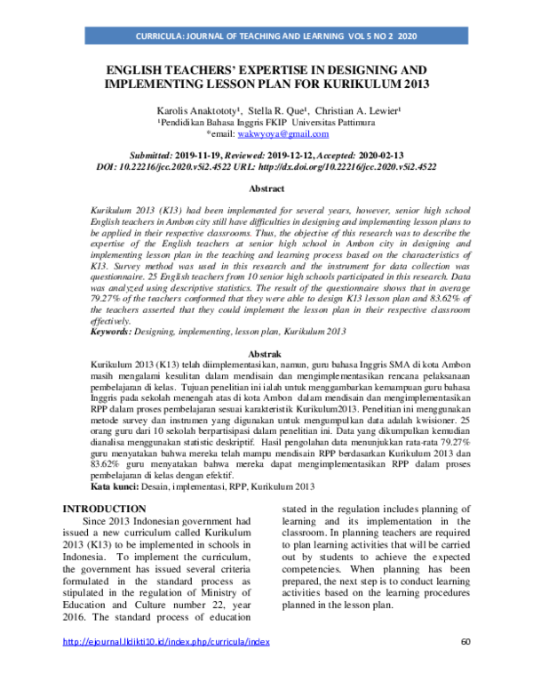 (PDF) English Teachers’ Expertise in Designing and Implementing Lesson Plan for Kurikulum 2013