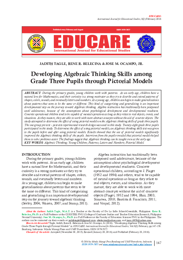 (PDF) Developing Algebraic Thinking Skills among Grade Three Pupils through Pictorial Models