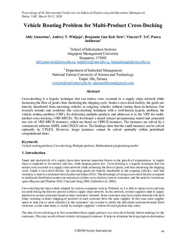 Pdf Vehicle Routing Problem For Multi Product Cross Docking