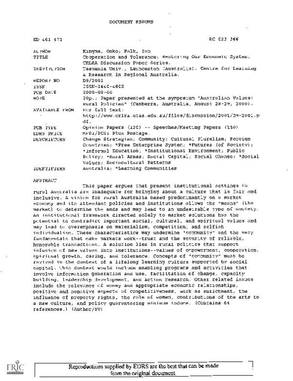 (PDF) Cooperation and Tolerance: Restoring our economic system | ian ...