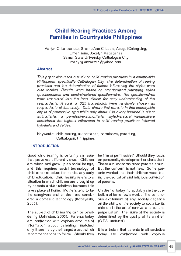 (PDF) Child Rearing Practices Among Families in Countryside Philippines
