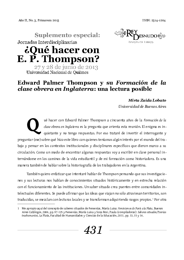 (PDF) Edward Palmer Thompson y su Formación de la clase obrera en ...