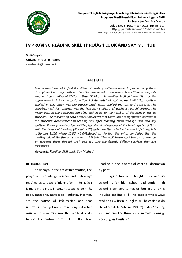 (PDF) Improving Reading Skill Through Look and Say Method | Sitti ...