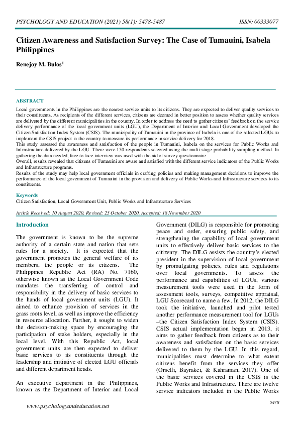 (PDF) Citizen Awareness and Satisfaction Survey: The Case of Tumauini ...