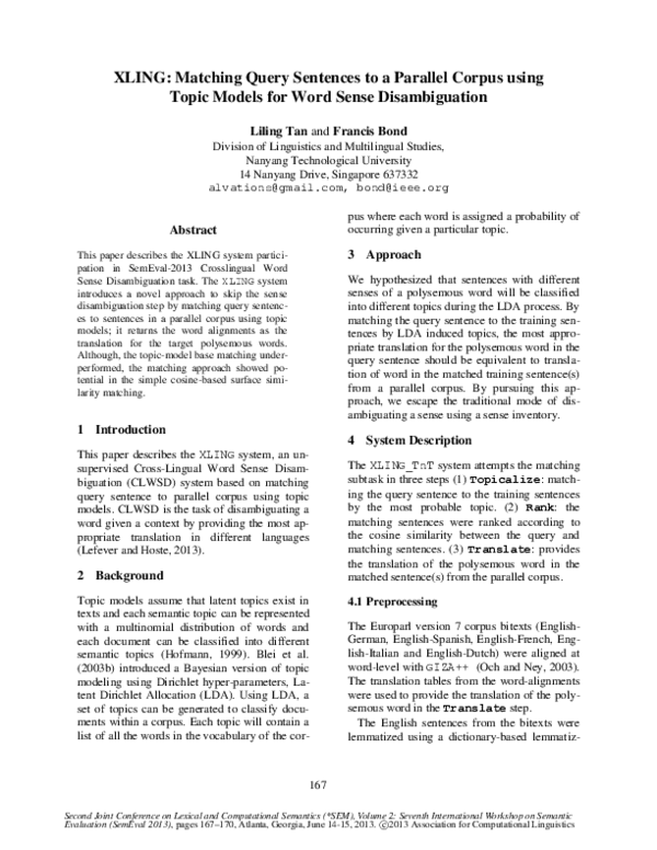 Pdf Xling Matching Query Sentences To A Parallel Corpus Using Topic Models For Wsd