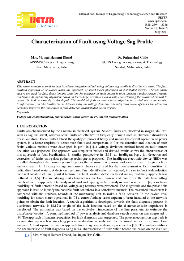(PDF) Characterization of Fault using Voltage Sag Profile