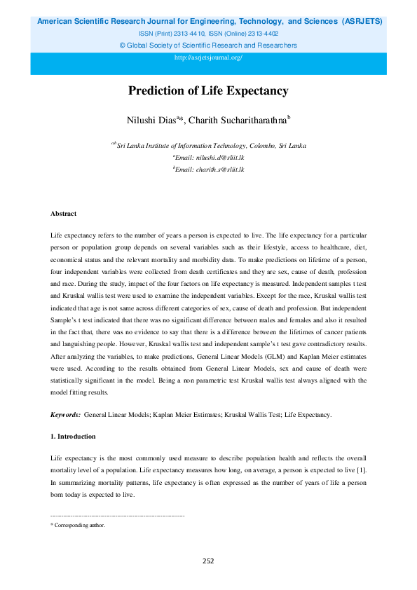 (PDF) Prediction of Life Expectancy