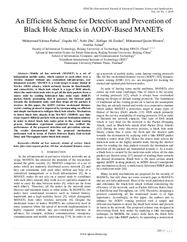 (PDF) An Efficient Scheme for Detection and Prevention of Black Hole Attacks in AODV-Based MANETs